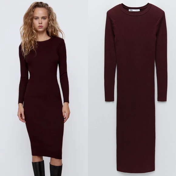 Zara | Dresses | Zara Knit Bandage Bodycon Dress W Shoulder Pads Brown ...